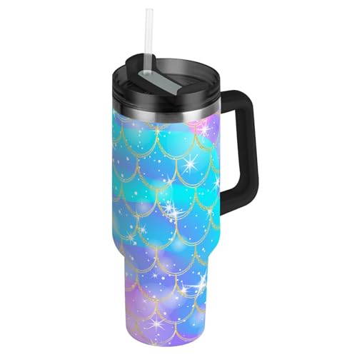 Yasala Car Tumbler with Handle Fantasy Magic Mermaid Scales Glitter Travel Mug Coffee Cup Insulated Beverage Container Mega Cup for Hot Cold Drinking Thermos Water Bottle Cupholder Friendly 40 oz