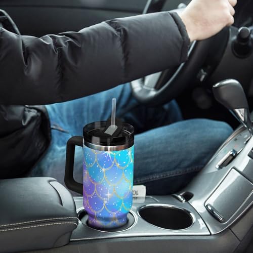Yasala Car Tumbler with Handle Fantasy Magic Mermaid Scales Glitter Travel Mug Coffee Cup Insulated Beverage Container Mega Cup for Hot Cold Drinking Thermos Water Bottle Cupholder Friendly 40 oz
