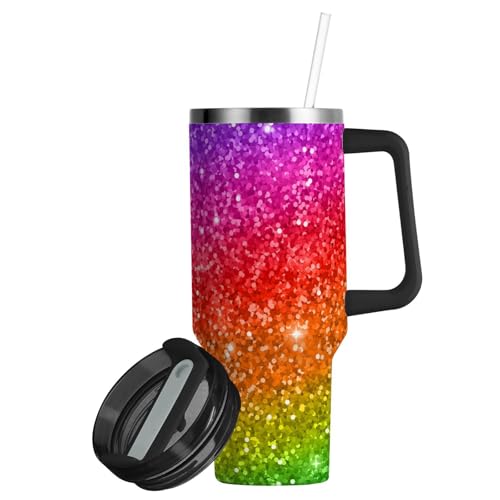 Yasala Car Tumbler with Handle Rainbow Glitter Shine Travel Mug Coffee Cup Insulated Beverage Container Mega Cup for Hot Cold Drinking Thermos Water Bottle Cupholder Friendly 40 oz