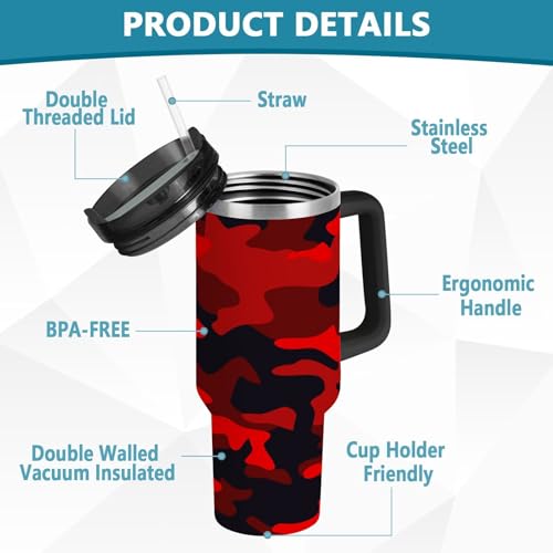 Yasala Car Tumbler with Handle Military Camo Red Black Travel Mug Coffee Cup Insulated Beverage Container Mega Cup for Hot Cold Drinking Thermos Water Bottle Cupholder Friendly 40 oz