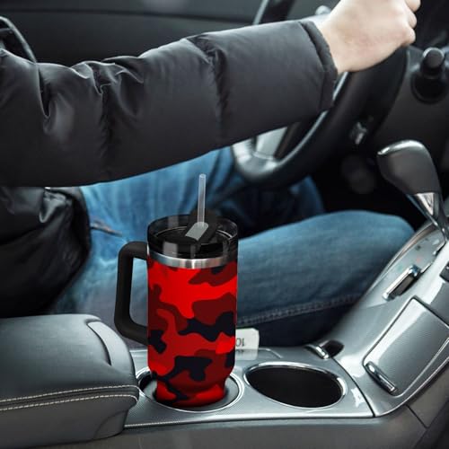 Yasala Car Tumbler with Handle Military Camo Red Black Travel Mug Coffee Cup Insulated Beverage Container Mega Cup for Hot Cold Drinking Thermos Water Bottle Cupholder Friendly 40 oz