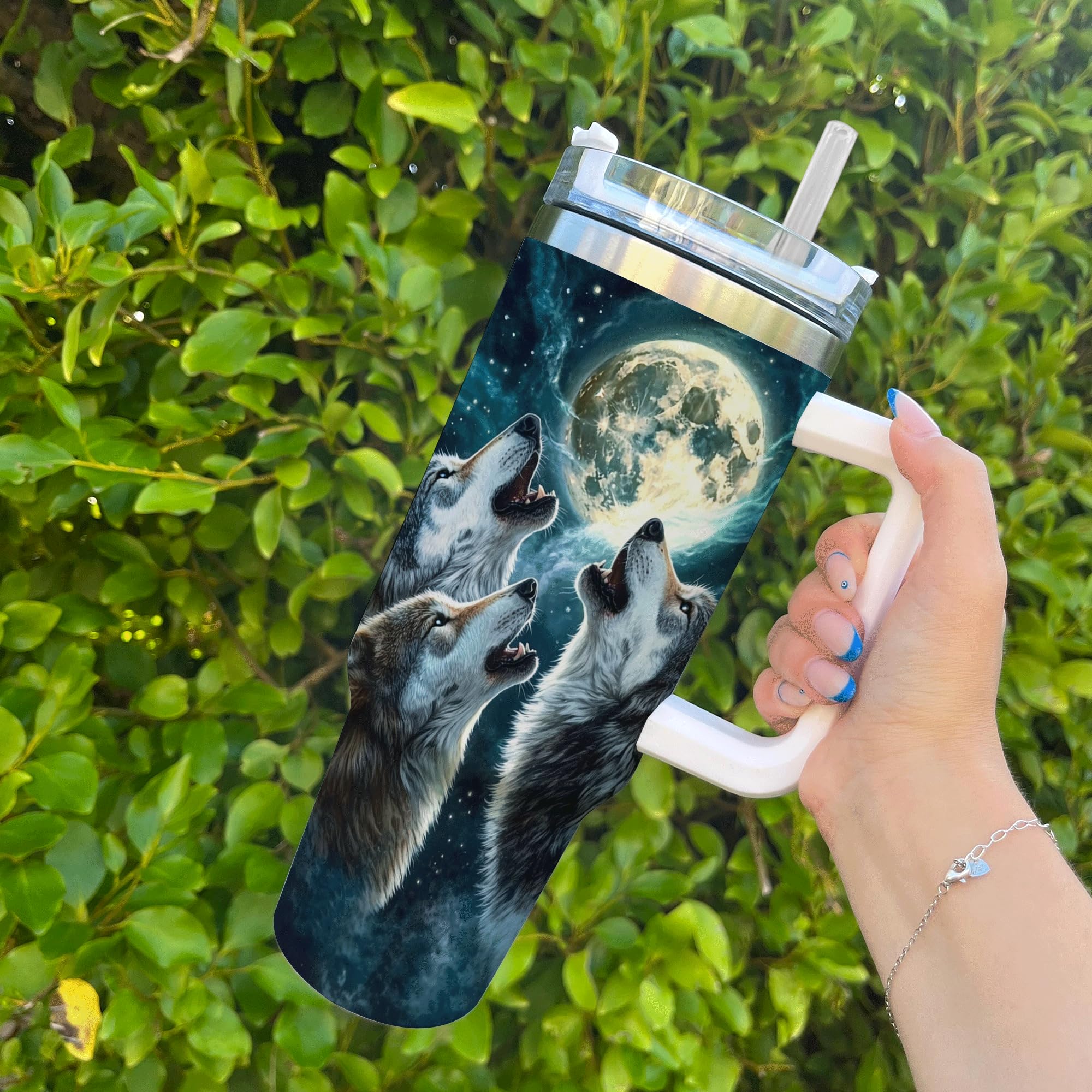 Foxcorner Personalized Wolf 40oz Tumbler with Handle and Straw Gifts for Wolf Lovers, Father's Day Cool Gifts For Him, Men, Birthday Gift Ideas, Custom Name Stainless Steel Travel Cup With Lid