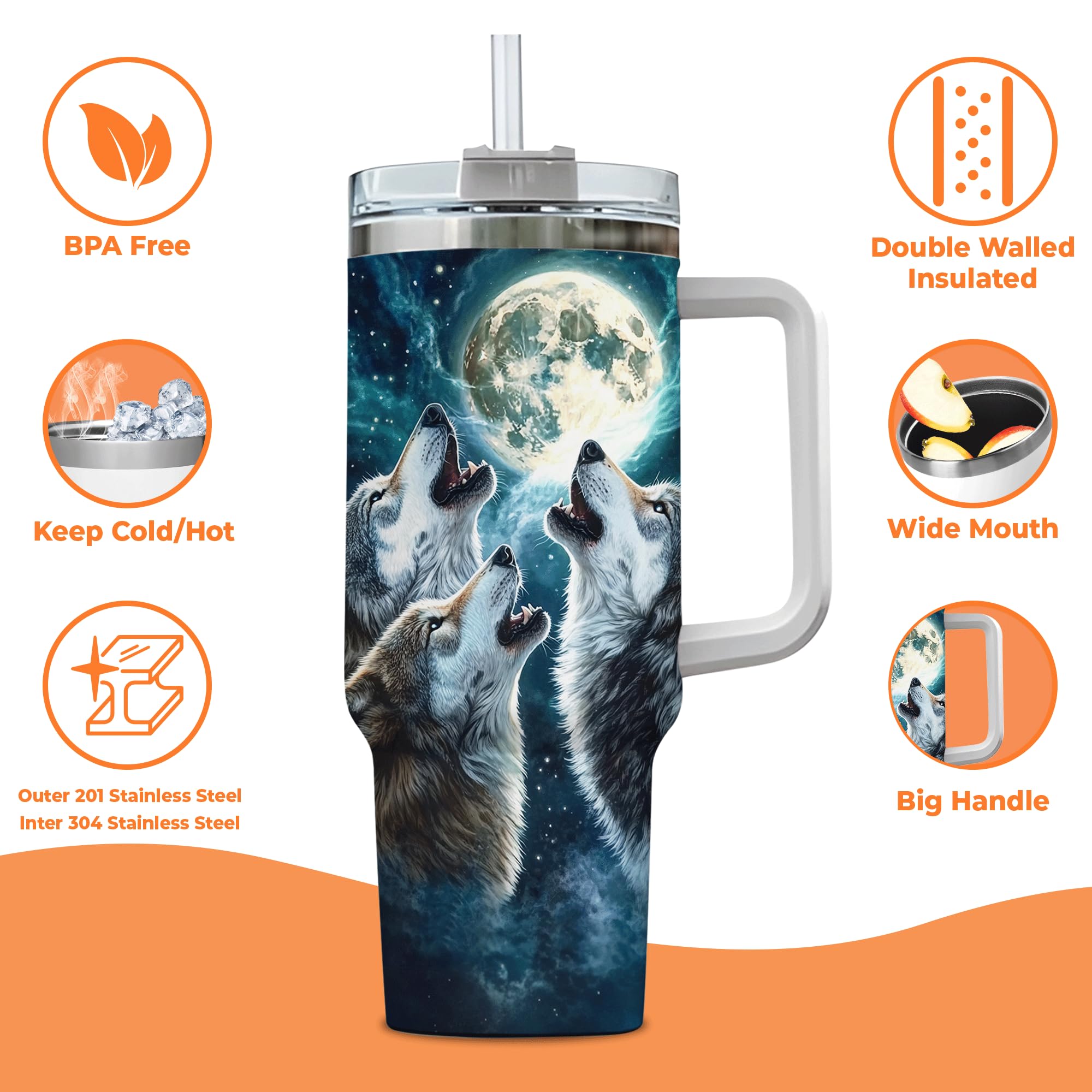 Foxcorner Personalized Wolf 40oz Tumbler with Handle and Straw Gifts for Wolf Lovers, Father's Day Cool Gifts For Him, Men, Birthday Gift Ideas, Custom Name Stainless Steel Travel Cup With Lid