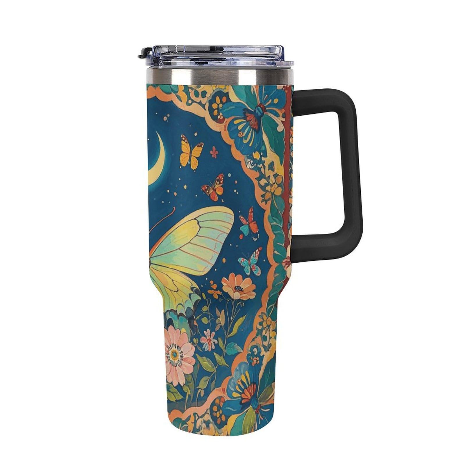 FZQVSGW Butterfly Flower Tapestry 40 Oz Tumbler with Handle And Straw Stainless Steel Vacuum Insulated Tumblers Reusable Keep Drinks Cold Coffee Cup Holder Friendly Gifts for Women Men Car Gym Travel