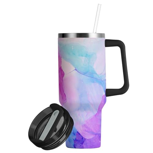 Yasala Car Tumbler with Handle Fantasy Marble Art Pinks Purples Travel Mug Coffee Cup Insulated Beverage Container Mega Cup for Hot Cold Drinking Thermos Water Bottle Cupholder Friendly 40 oz