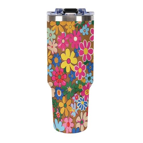 ADASGHBY Large Capacity Car Cup with Straw Lid Bright Flower Style Leakproof Insulated Stainless Steel Tumbler Fits in Car Cup Holder