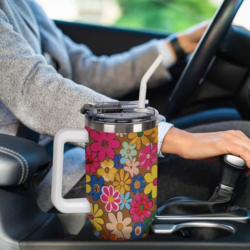 ADASGHBY Large Capacity Car Cup with Straw Lid Bright Flower Style Leakproof Insulated Stainless Steel Tumbler Fits in Car Cup Holder