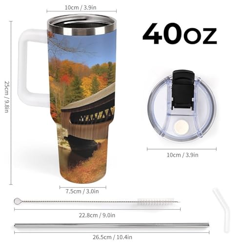 ADASGHBY Large Capacity Car Cup with Straw Lid Albany Covered Bridge Leakproof Insulated Stainless Steel Tumbler Fits in Car Cup Holder