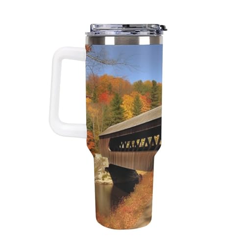 ADASGHBY Large Capacity Car Cup with Straw Lid Albany Covered Bridge Leakproof Insulated Stainless Steel Tumbler Fits in Car Cup Holder