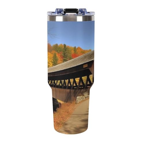 ADASGHBY Large Capacity Car Cup with Straw Lid Albany Covered Bridge Leakproof Insulated Stainless Steel Tumbler Fits in Car Cup Holder