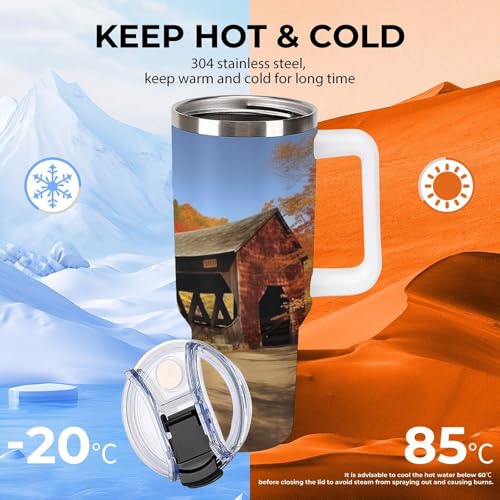 ADASGHBY Large Capacity Car Cup with Straw Lid Albany Covered Bridge Leakproof Insulated Stainless Steel Tumbler Fits in Car Cup Holder