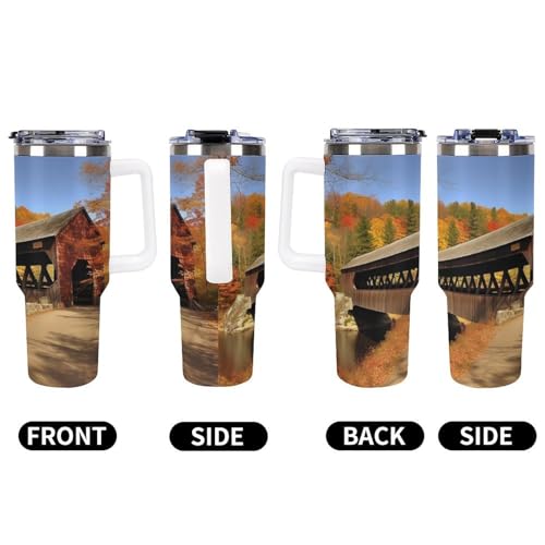 ADASGHBY Large Capacity Car Cup with Straw Lid Albany Covered Bridge Leakproof Insulated Stainless Steel Tumbler Fits in Car Cup Holder