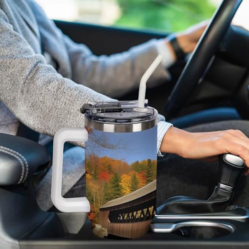 ADASGHBY Large Capacity Car Cup with Straw Lid Albany Covered Bridge Leakproof Insulated Stainless Steel Tumbler Fits in Car Cup Holder