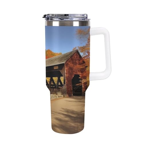 ADASGHBY Large Capacity Car Cup with Straw Lid Albany Covered Bridge Leakproof Insulated Stainless Steel Tumbler Fits in Car Cup Holder