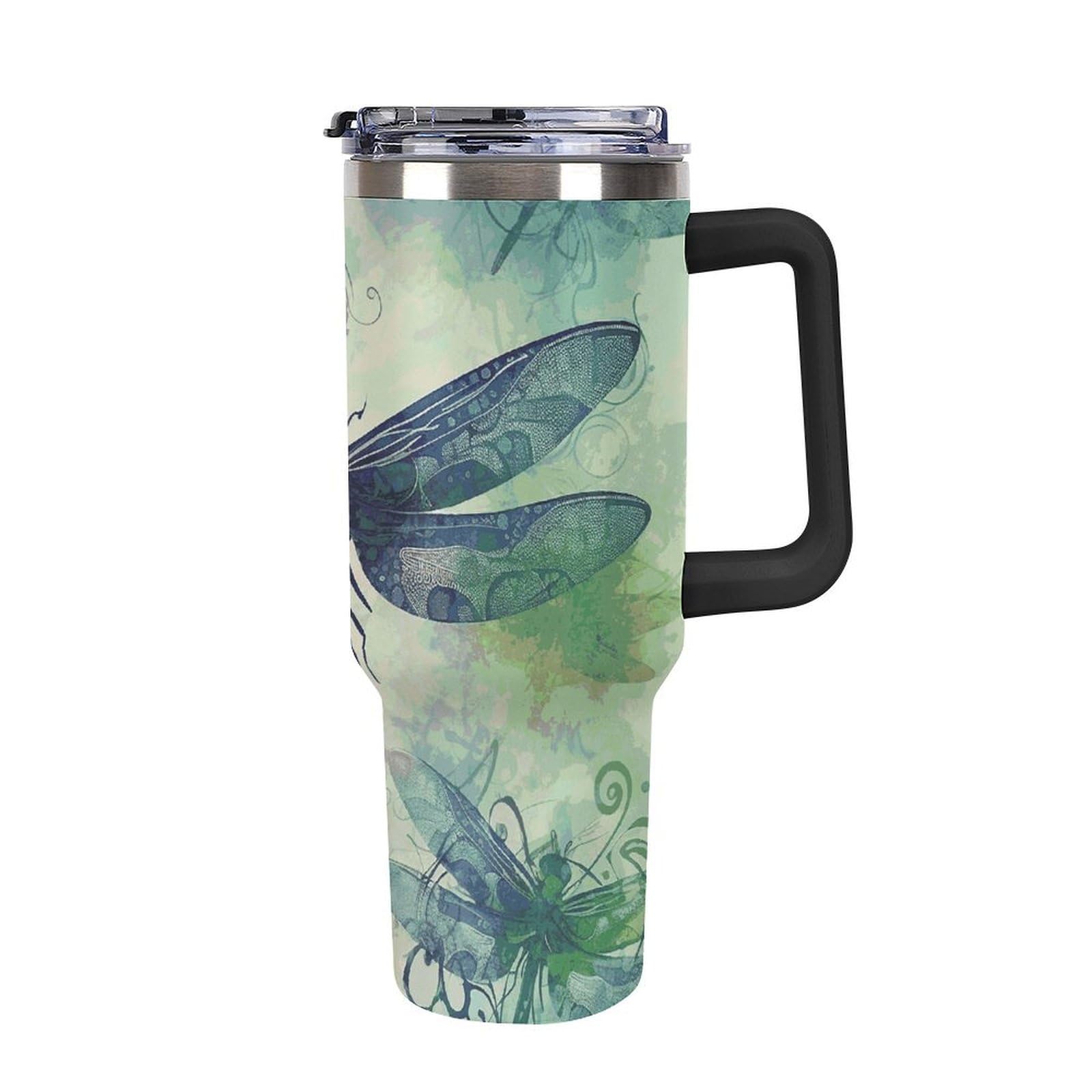 FZQVSGW Modern Dragonfly 40 Oz Tumbler with Handle And Straw Stainless Steel Vacuum Insulated Tumblers Reusable Keep Drinks Cold Coffee Cup Holder Friendly Gifts for Women Men Car Gym Travel