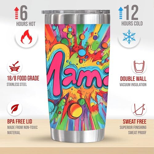 FOCIUZTA 20oz Vibrant Abstract Mama Text Tumbler with lid, Travel Coffee Cup, Ideal for Easter, Mother Day, and birthday gifts