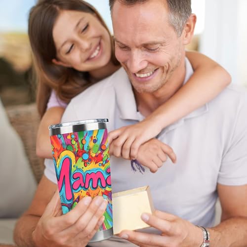FOCIUZTA 20oz Vibrant Abstract Mama Text Tumbler with lid, Travel Coffee Cup, Ideal for Easter, Mother Day, and birthday gifts