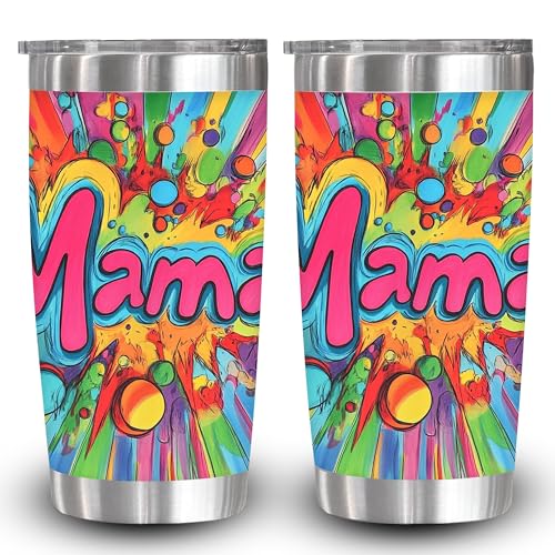 FOCIUZTA 20oz Vibrant Abstract Mama Text Tumbler with lid, Travel Coffee Cup, Ideal for Easter, Mother Day, and birthday gifts