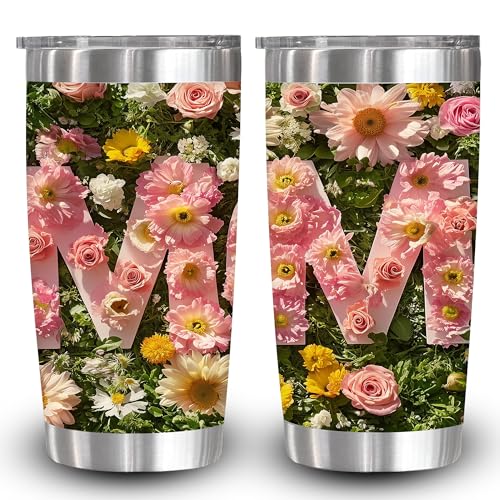 FOCIUZTA 20oz Pink, White & Yellow Floral MOM Lettering Tumbler with lid, Travel Coffee Cup, Ideal for Easter, Mother Day, and birthday gifts