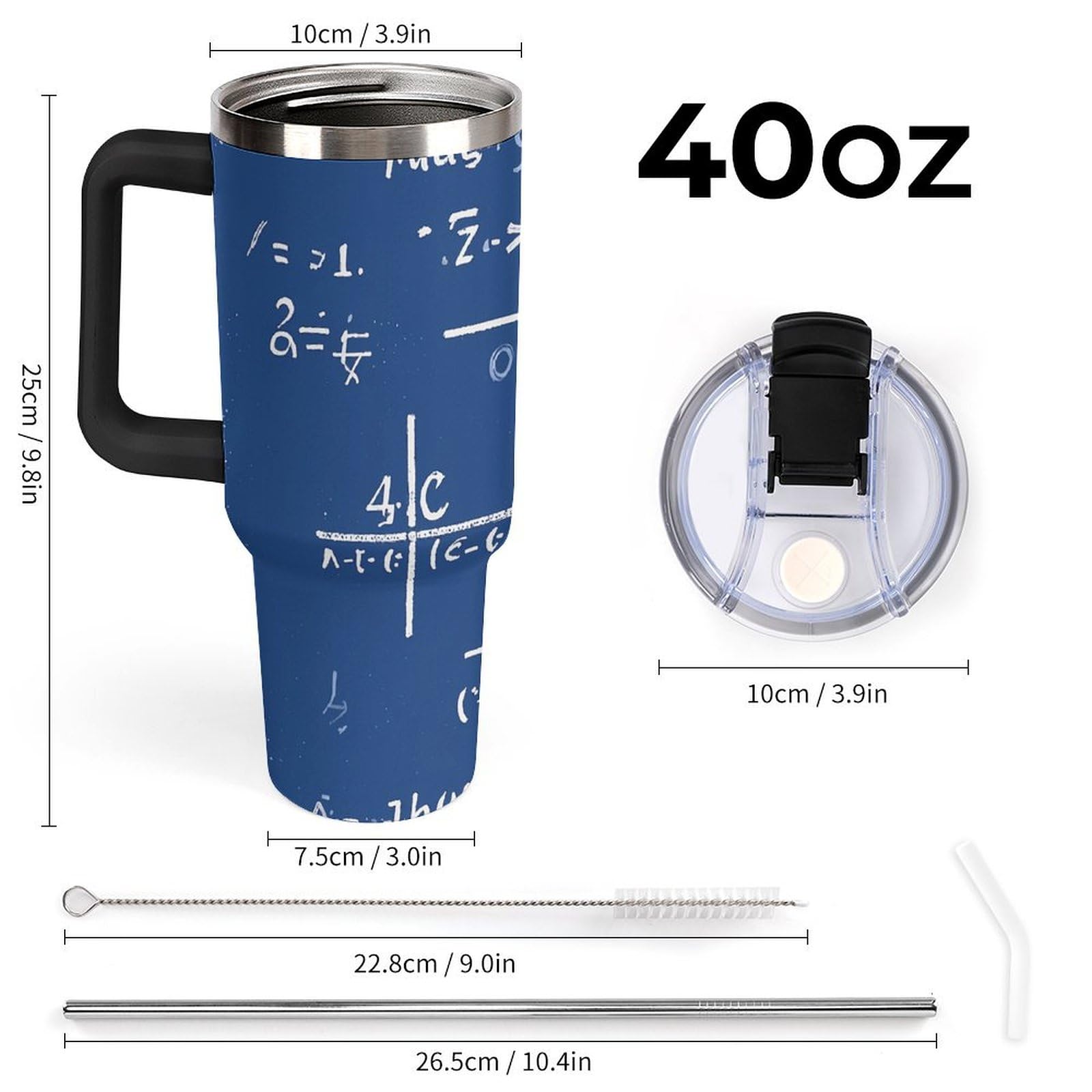 YTLKGFP 40 Oz Large Capacity Car Cup Math Formula Tumbler with Handle (Black) Straw Lid Insulated Stainless Steel Water Bottle Travel Mug Leak-proof Car Cup Keeps Cold Or Hot