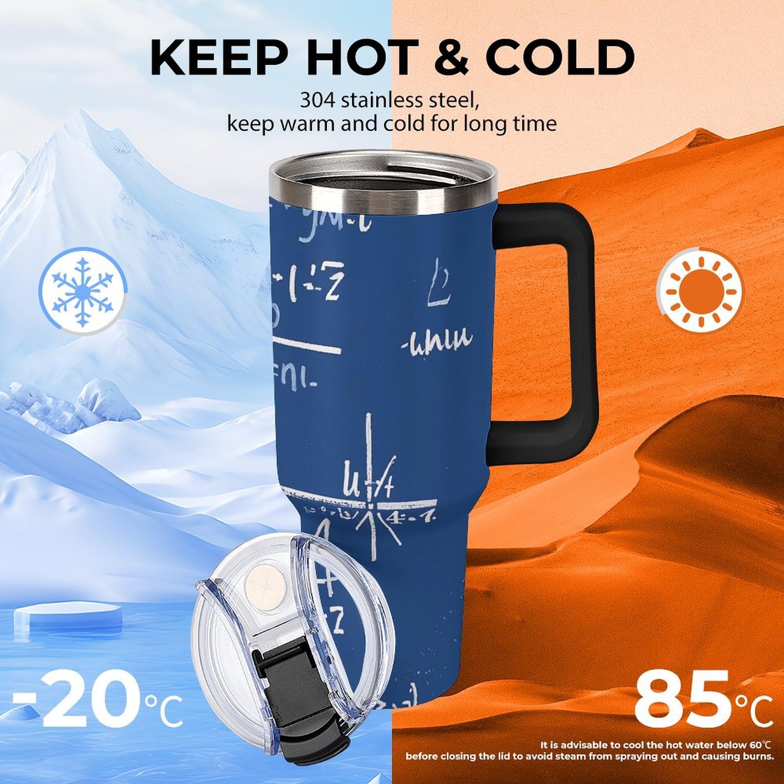 YTLKGFP 40 Oz Large Capacity Car Cup Math Formula Tumbler with Handle (Black) Straw Lid Insulated Stainless Steel Water Bottle Travel Mug Leak-proof Car Cup Keeps Cold Or Hot