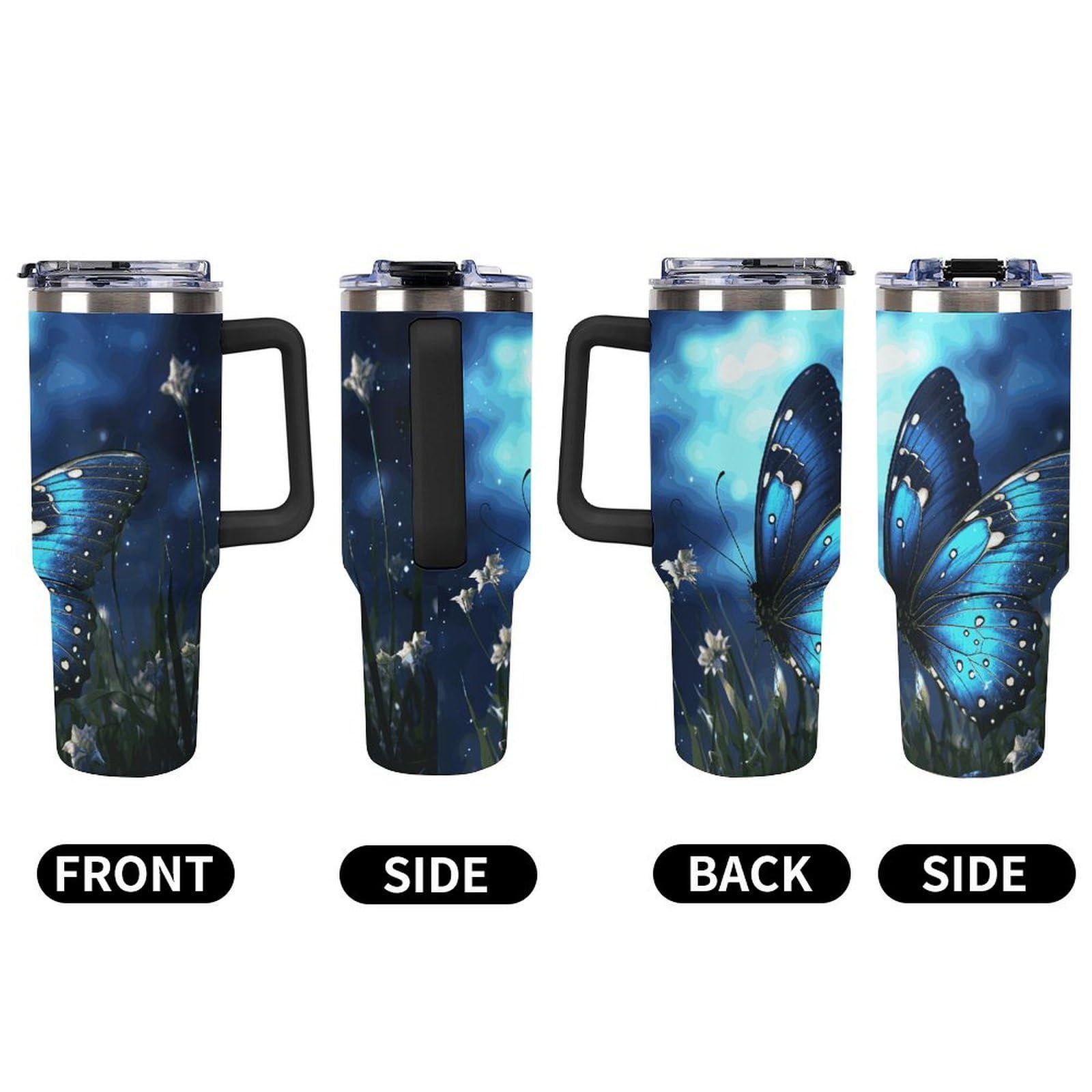 YTLKGFP 40 Oz Large Capacity Car Cup Butterfly Night Tumbler with Handle (Black) Straw Lid Insulated Stainless Steel Water Bottle Travel Mug Leak-proof Car Cup Keeps Cold Or Hot