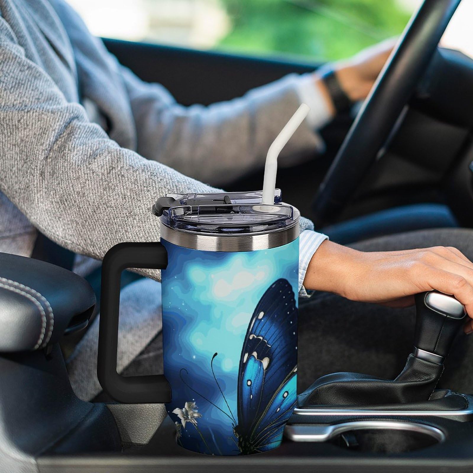 YTLKGFP 40 Oz Large Capacity Car Cup Butterfly Night Tumbler with Handle (Black) Straw Lid Insulated Stainless Steel Water Bottle Travel Mug Leak-proof Car Cup Keeps Cold Or Hot