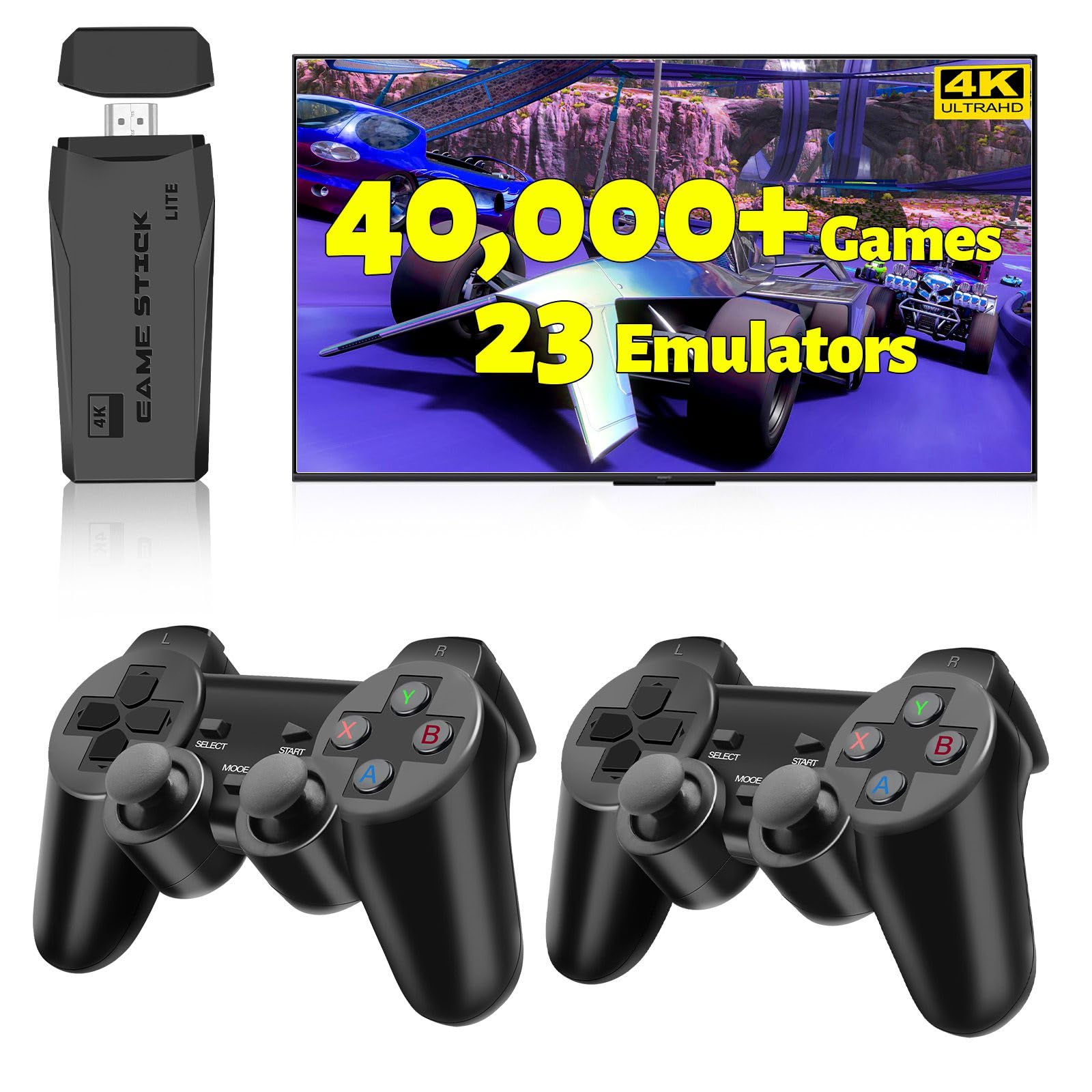 HRYYDS 2025 Retro Gaming Console Pro 4K HDMI with 40,000+ Built-in Classic Video Games - Plug & Play Game Stick for TV with 2 Wireless Controllers | 23 Emulator Support 64GB