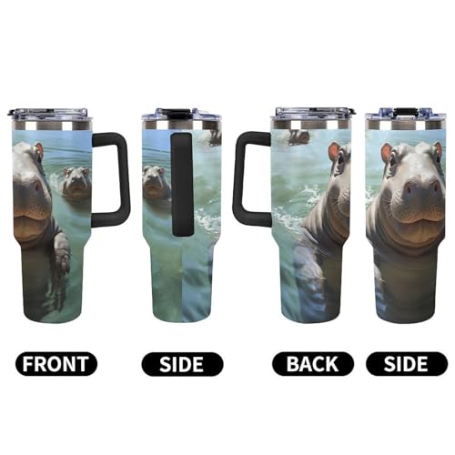 YTLKGFP 40 Oz Large Capacity Car Cup Cute Hippos Tumbler with Handle (Black) Straw Lid Insulated Stainless Steel Water Bottle Travel Mug Leak-proof Car Cup Keeps Cold Or Hot