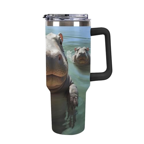 YTLKGFP 40 Oz Large Capacity Car Cup Cute Hippos Tumbler with Handle (Black) Straw Lid Insulated Stainless Steel Water Bottle Travel Mug Leak-proof Car Cup Keeps Cold Or Hot