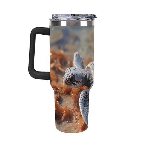 YTLKGFP 40 Oz Large Capacity Car Cup Cut Sea Turtle Tumbler with Handle (Black) Straw Lid Insulated Stainless Steel Water Bottle Travel Mug Leak-proof Car Cup Keeps Cold Or Hot