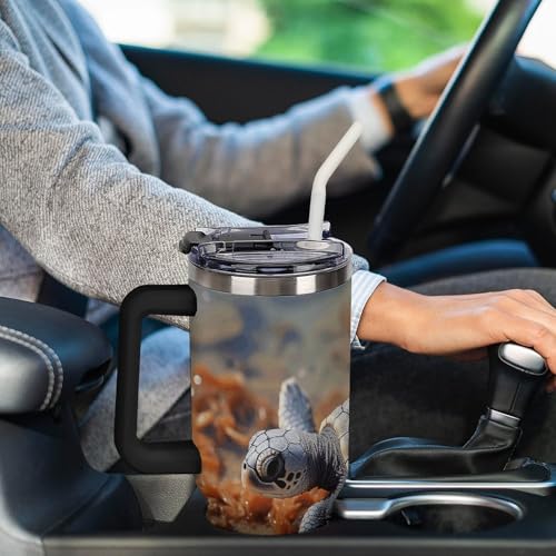 YTLKGFP 40 Oz Large Capacity Car Cup Cut Sea Turtle Tumbler with Handle (Black) Straw Lid Insulated Stainless Steel Water Bottle Travel Mug Leak-proof Car Cup Keeps Cold Or Hot