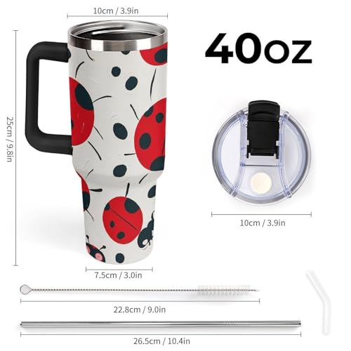 YTLKGFP 40 Oz Large Capacity Car Cup Red Black Spotted Ladybug Tumbler with Handle (Black) Straw Lid Insulated Stainless Steel Water Bottle Travel Mug Leak-proof Car Cup Keeps Cold Or Hot