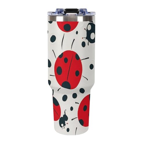 YTLKGFP 40 Oz Large Capacity Car Cup Red Black Spotted Ladybug Tumbler with Handle (Black) Straw Lid Insulated Stainless Steel Water Bottle Travel Mug Leak-proof Car Cup Keeps Cold Or Hot