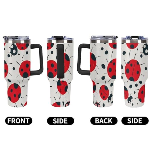 YTLKGFP 40 Oz Large Capacity Car Cup Red Black Spotted Ladybug Tumbler with Handle (Black) Straw Lid Insulated Stainless Steel Water Bottle Travel Mug Leak-proof Car Cup Keeps Cold Or Hot