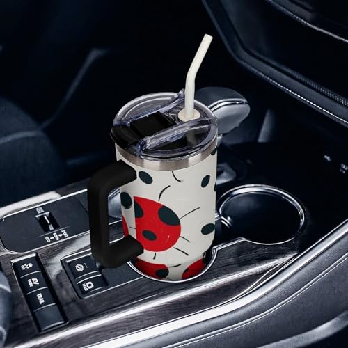 YTLKGFP 40 Oz Large Capacity Car Cup Red Black Spotted Ladybug Tumbler with Handle (Black) Straw Lid Insulated Stainless Steel Water Bottle Travel Mug Leak-proof Car Cup Keeps Cold Or Hot
