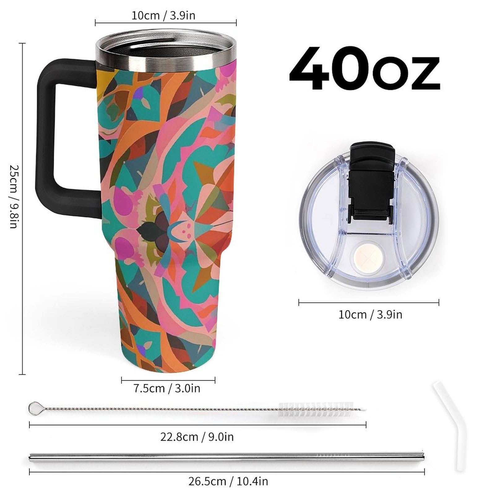 YTLKGFP 40 Oz Large Capacity Car Cup Colorful Bohemian Patterns Tumbler with Handle (Black) Straw Lid Insulated Stainless Steel Water Bottle Travel Mug Leak-proof Car Cup Keeps Cold Or Hot