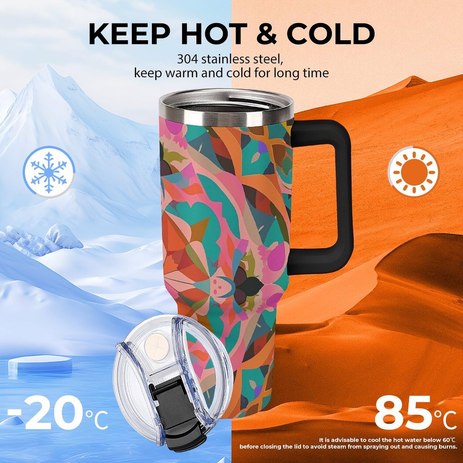 YTLKGFP 40 Oz Large Capacity Car Cup Colorful Bohemian Patterns Tumbler with Handle (Black) Straw Lid Insulated Stainless Steel Water Bottle Travel Mug Leak-proof Car Cup Keeps Cold Or Hot