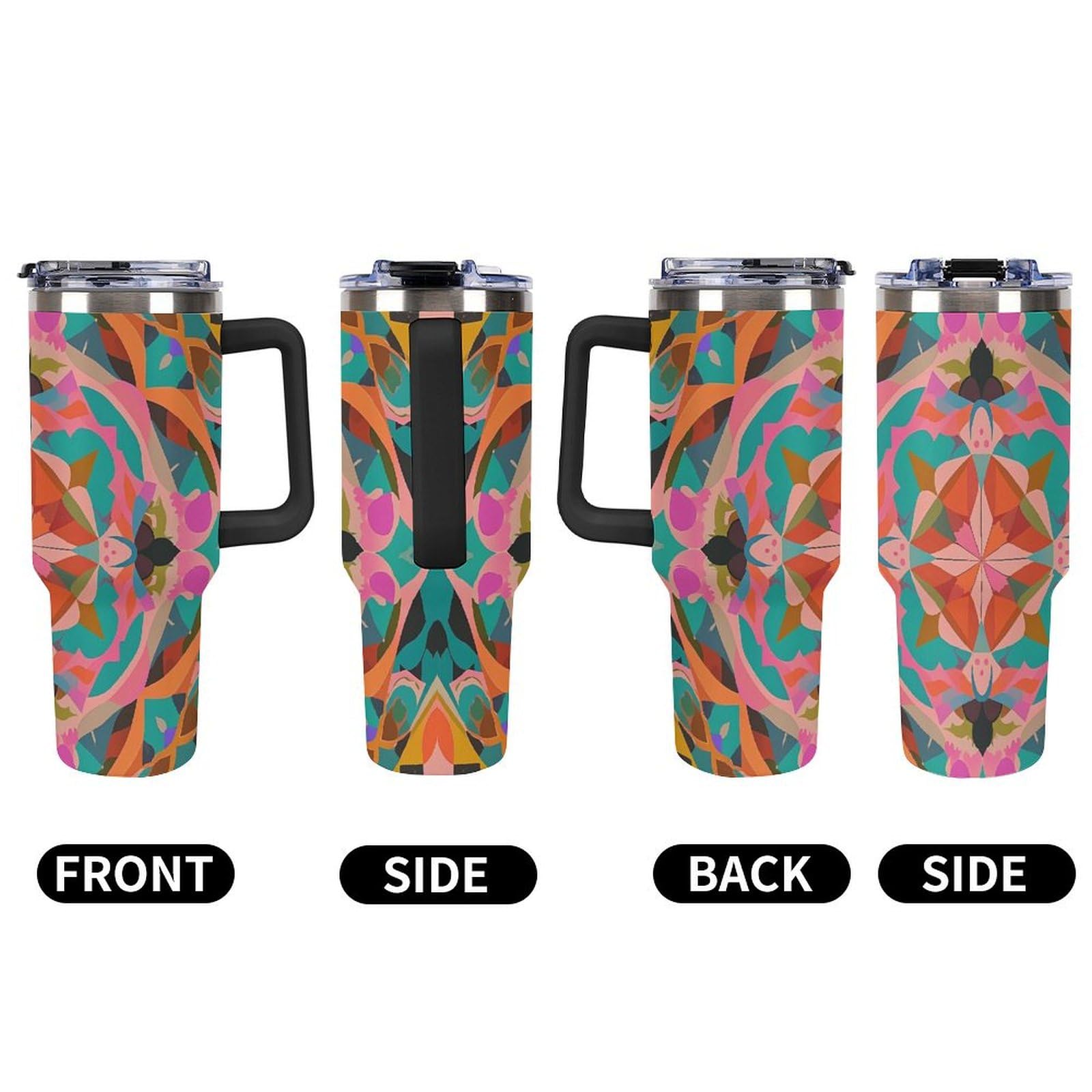 YTLKGFP 40 Oz Large Capacity Car Cup Colorful Bohemian Patterns Tumbler with Handle (Black) Straw Lid Insulated Stainless Steel Water Bottle Travel Mug Leak-proof Car Cup Keeps Cold Or Hot