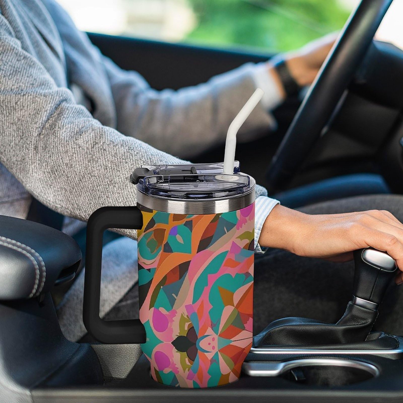 YTLKGFP 40 Oz Large Capacity Car Cup Colorful Bohemian Patterns Tumbler with Handle (Black) Straw Lid Insulated Stainless Steel Water Bottle Travel Mug Leak-proof Car Cup Keeps Cold Or Hot