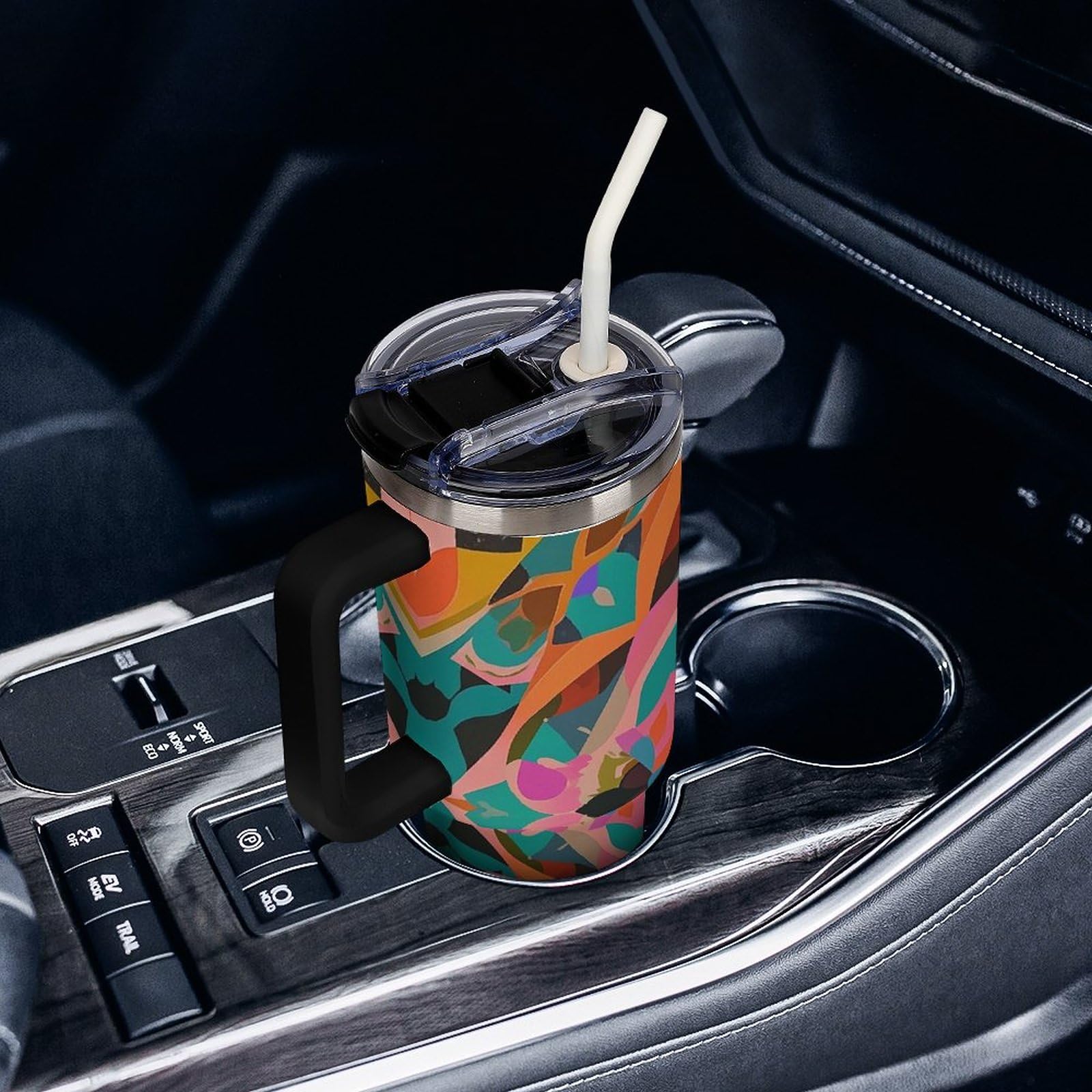 YTLKGFP 40 Oz Large Capacity Car Cup Colorful Bohemian Patterns Tumbler with Handle (Black) Straw Lid Insulated Stainless Steel Water Bottle Travel Mug Leak-proof Car Cup Keeps Cold Or Hot