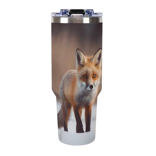 YTLKGFP 40 Oz Large Capacity Car Cup Cute Fox Tumbler with Handle (Black) Straw Lid Insulated Stainless Steel Water Bottle Travel Mug Leak-proof Car Cup Keeps Cold Or Hot