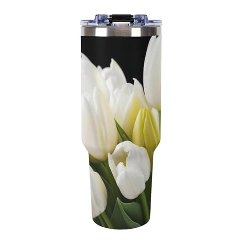 YTLKGFP 40 Oz Large Capacity Car Cup Different Flowers Tumbler with Handle (Black) Straw Lid Insulated Stainless Steel Water Bottle Travel Mug Leak-proof Car Cup Keeps Cold Or Hot