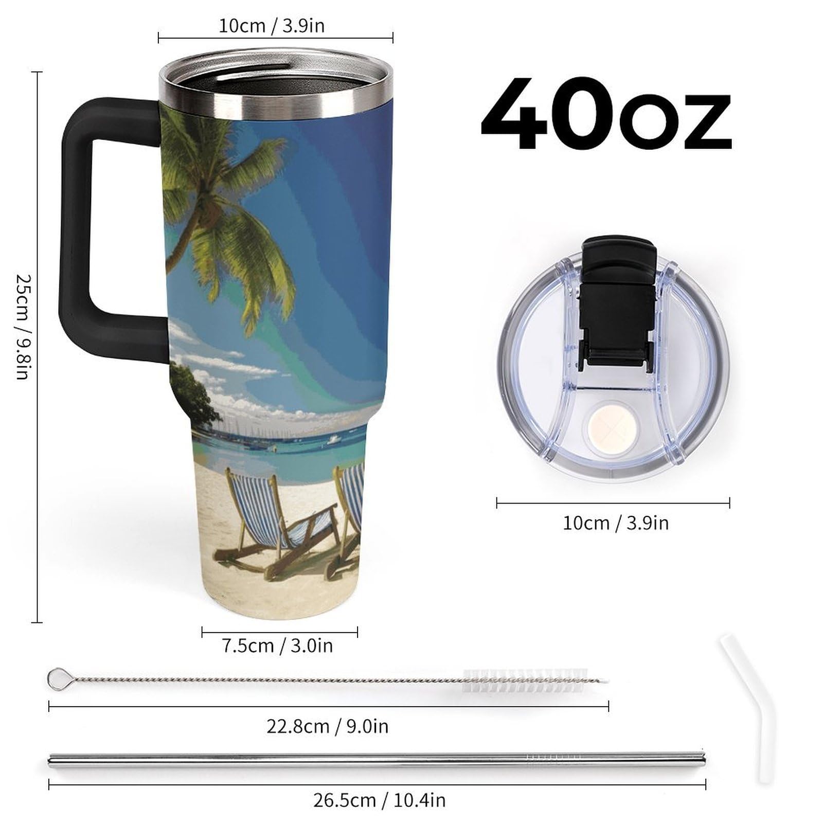 YTLKGFP 40 Oz Large Capacity Car Cup Beach Palm Tree Tumbler with Handle (Black) Straw Lid Insulated Stainless Steel Water Bottle Travel Mug Leak-proof Car Cup Keeps Cold Or Hot