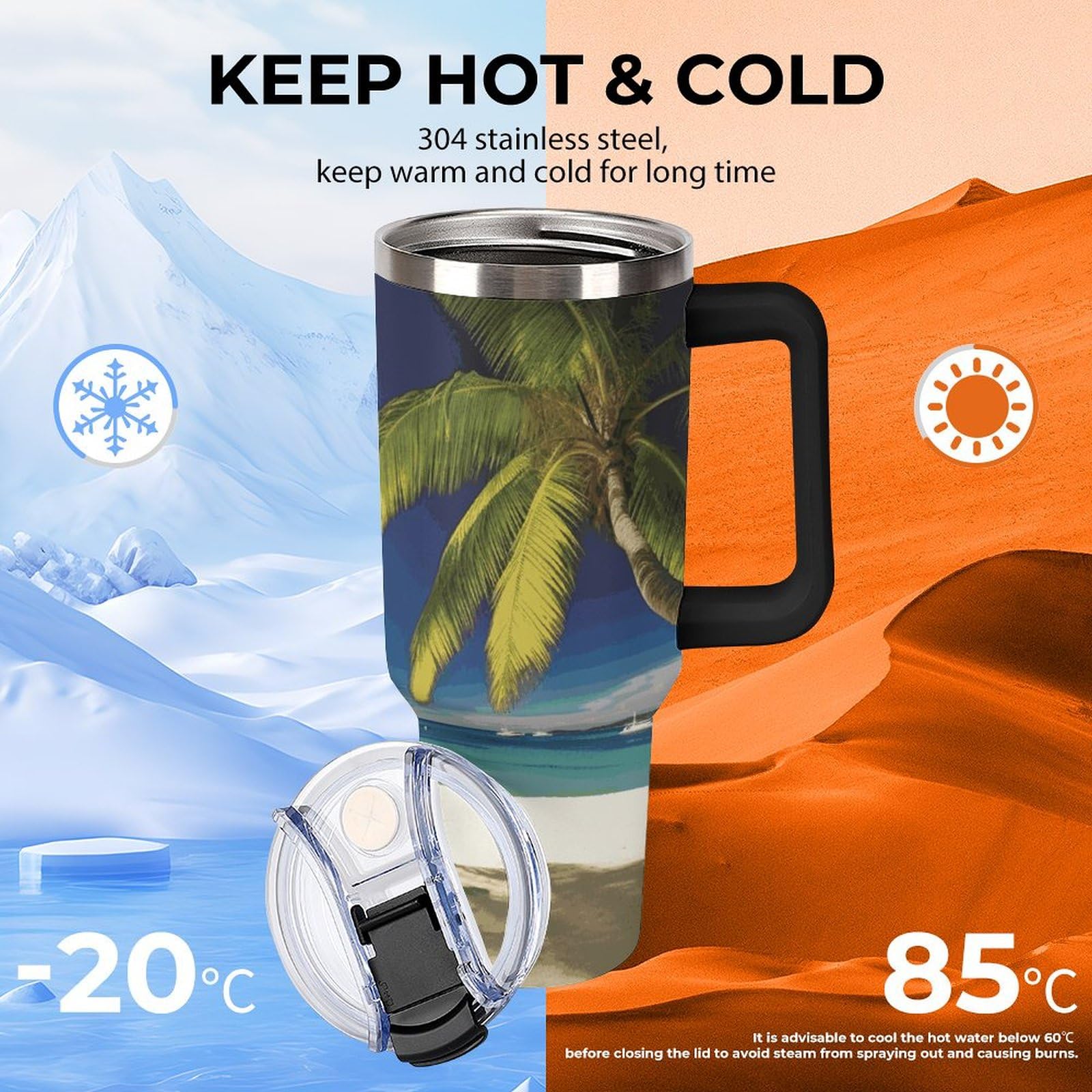 YTLKGFP 40 Oz Large Capacity Car Cup Beach Palm Tree Tumbler with Handle (Black) Straw Lid Insulated Stainless Steel Water Bottle Travel Mug Leak-proof Car Cup Keeps Cold Or Hot
