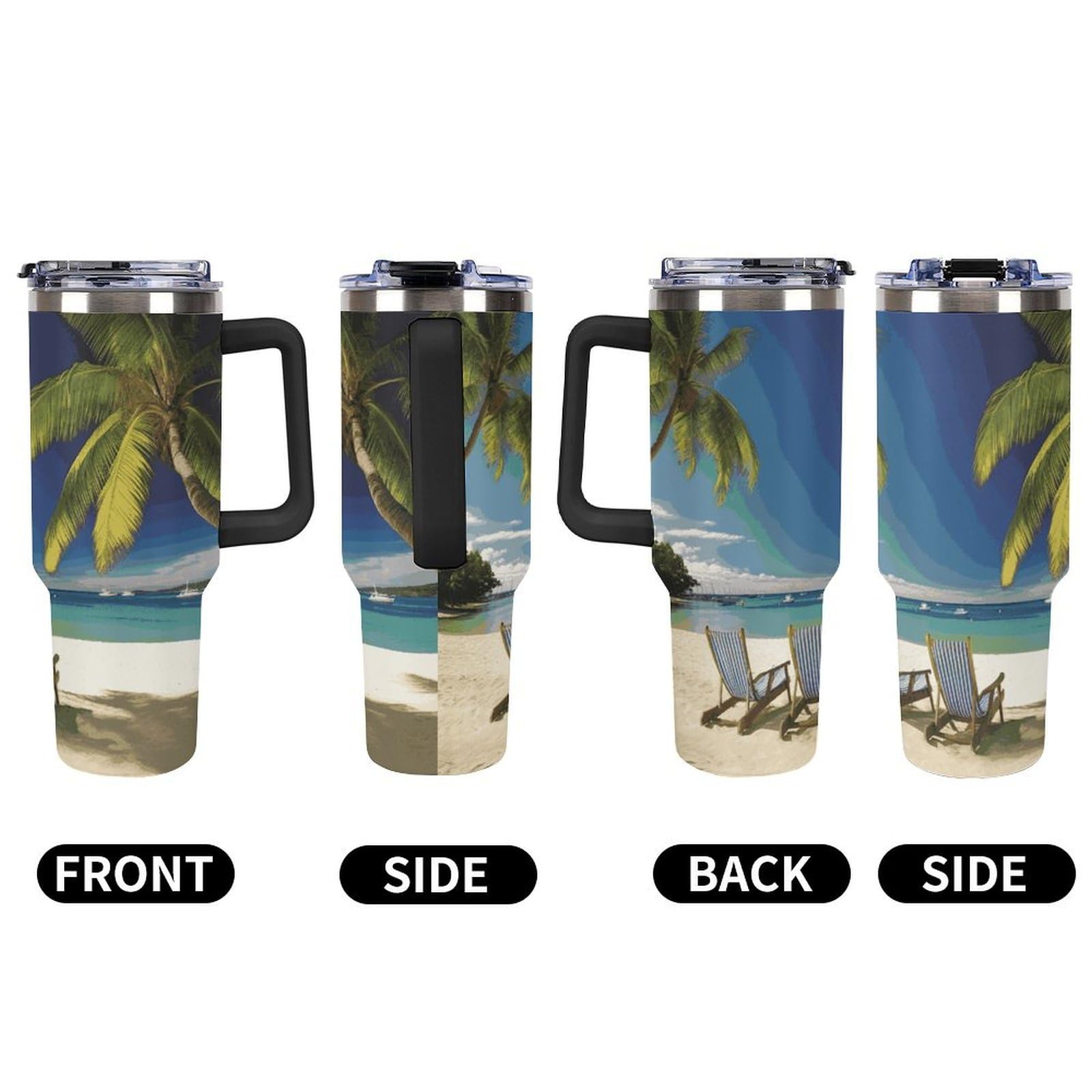 YTLKGFP 40 Oz Large Capacity Car Cup Beach Palm Tree Tumbler with Handle (Black) Straw Lid Insulated Stainless Steel Water Bottle Travel Mug Leak-proof Car Cup Keeps Cold Or Hot
