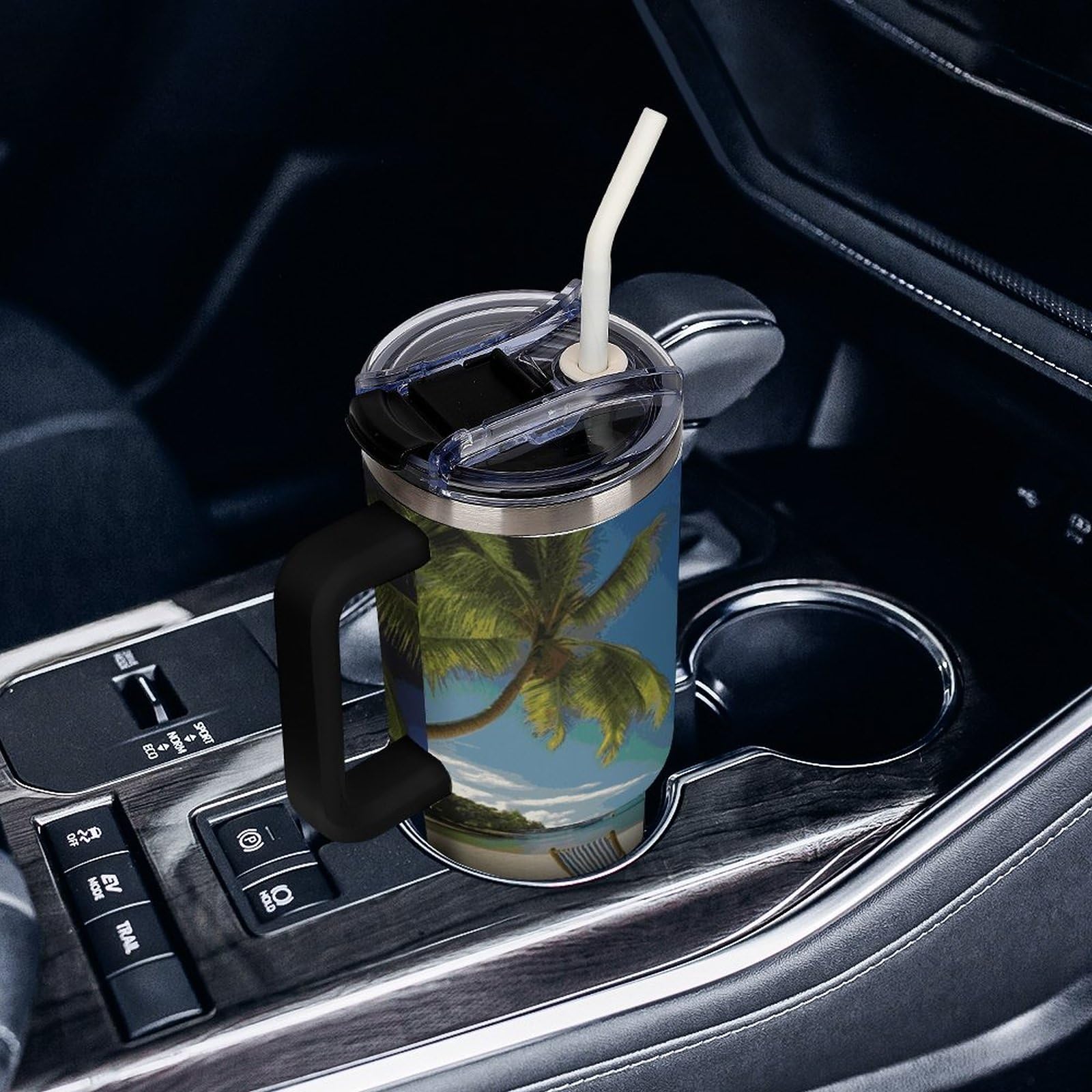 YTLKGFP 40 Oz Large Capacity Car Cup Beach Palm Tree Tumbler with Handle (Black) Straw Lid Insulated Stainless Steel Water Bottle Travel Mug Leak-proof Car Cup Keeps Cold Or Hot