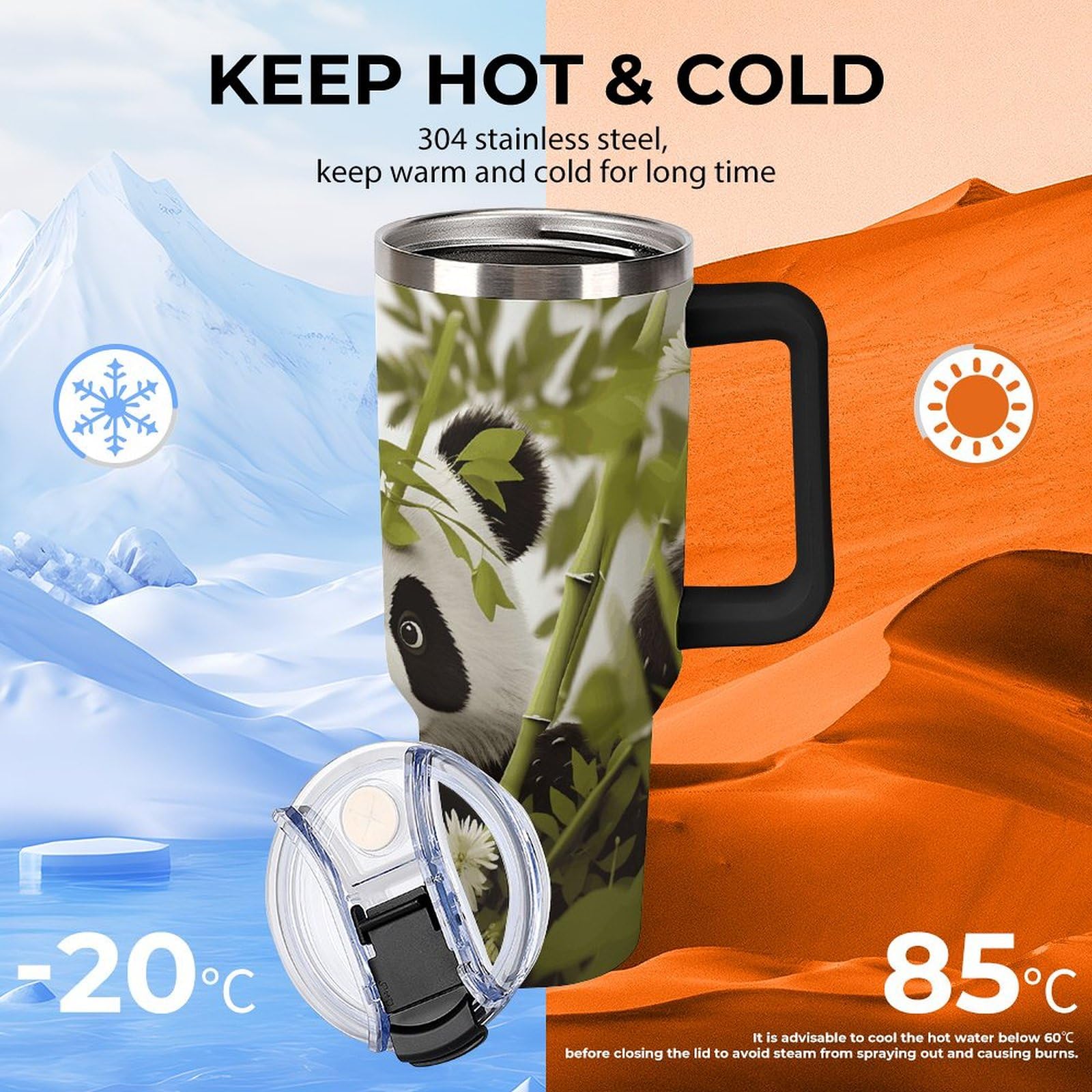 YTLKGFP 40 Oz Large Capacity Car Cup Panda Tumbler with Handle (Black) Straw Lid Insulated Stainless Steel Water Bottle Travel Mug Leak-proof Car Cup Keeps Cold Or Hot