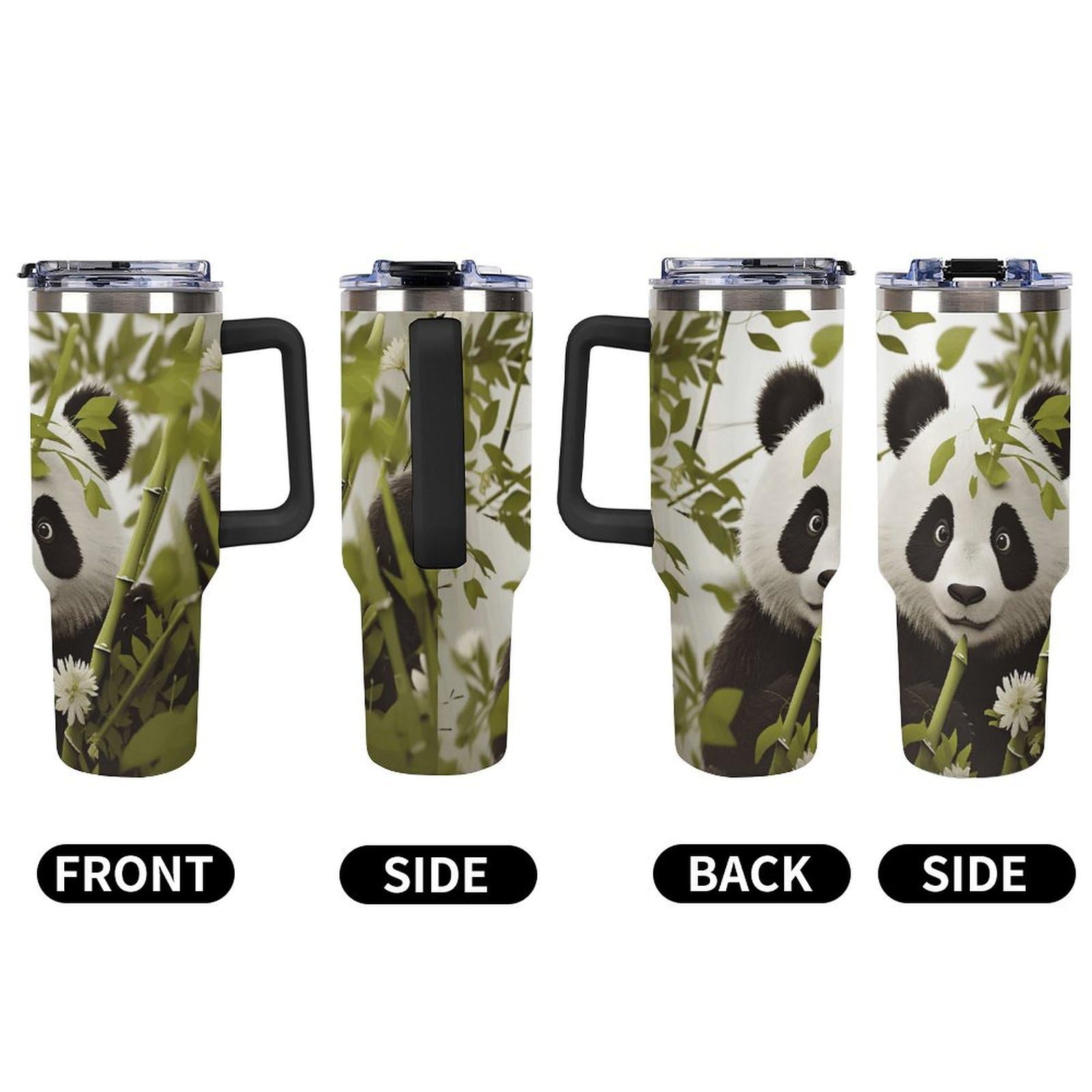 YTLKGFP 40 Oz Large Capacity Car Cup Panda Tumbler with Handle (Black) Straw Lid Insulated Stainless Steel Water Bottle Travel Mug Leak-proof Car Cup Keeps Cold Or Hot