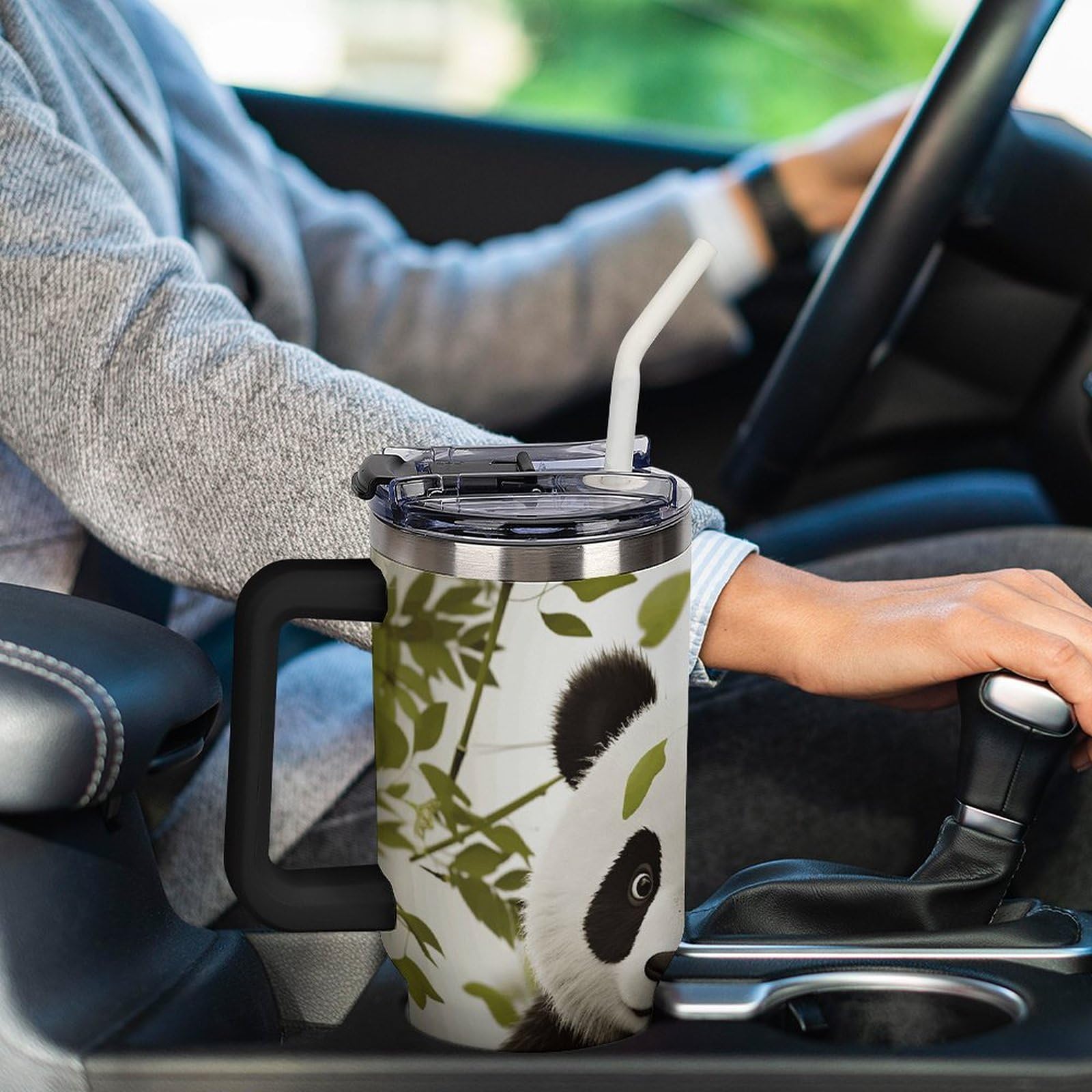YTLKGFP 40 Oz Large Capacity Car Cup Panda Tumbler with Handle (Black) Straw Lid Insulated Stainless Steel Water Bottle Travel Mug Leak-proof Car Cup Keeps Cold Or Hot